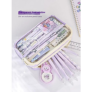 MILLEVIBE Kawaii ITA Pencil Pouch: Large Capacity Multi-Compartment Pen Case with Clear Window for Anime Display (Blue)