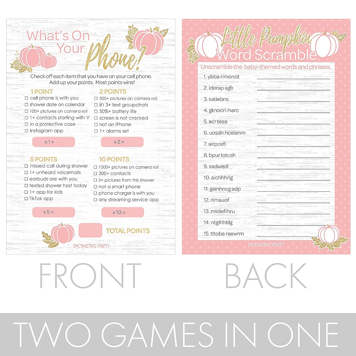 DISTINCTIVS Pink Little Pumpkin Girl Baby Shower - What's On Your Phone and Word Scramble (2 Game Bundle) - 20 Dual Sided Cards