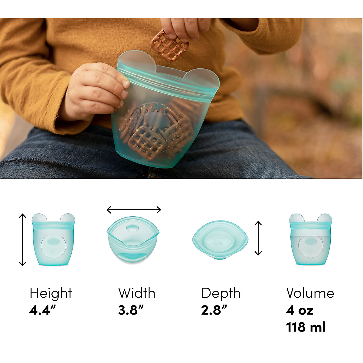 Zip Top Reusable 100% Silicone Baby + Kid Snack Containers - The only containers that stand up, stay open and zip shut! No Lids! Made in the USA - Teal Bear