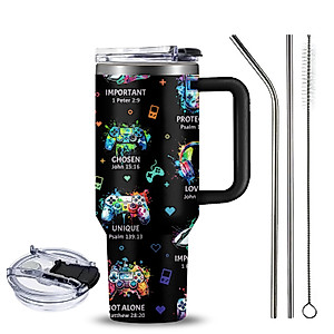 Christian Gamer Gifts, 40 Oz God Says I Am Gamer Tumbler With Handle, Christian Gifts for Men/Boys, Inspirational Religious Birthday Gifts for Game Lover Bible Verse Cup, Gaming Gifts For Gamer