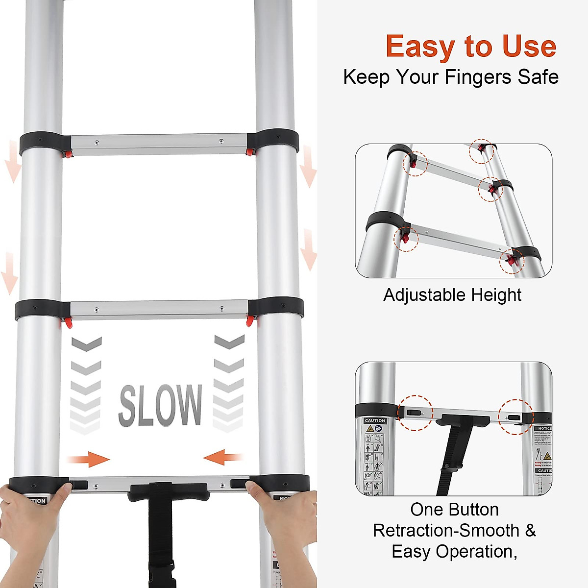 LUISLADDERS Telescoping Ladder, 12.5ft Aluminum Lightweight Extension Folding Telescopic Ladder Button Retraction Slow Down Design EN131 330lbs Max Capacity, Multi Purpose RV Ladder for Outdoor Work