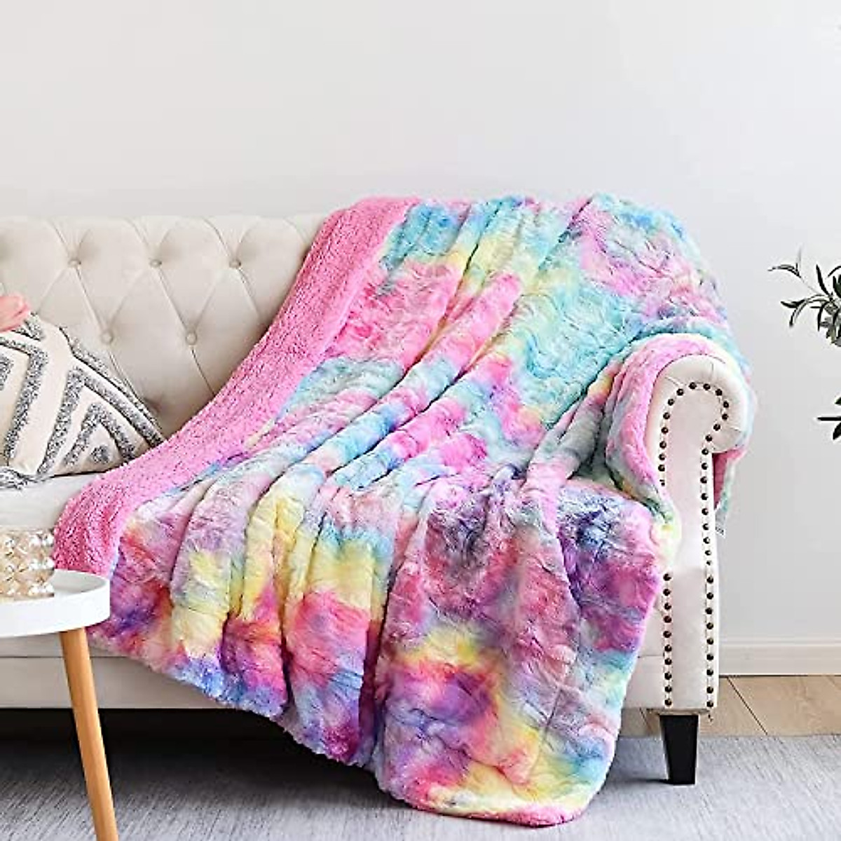 NEWCOSPLAY Super Soft Faux Fur Throw Blanket Premium Sherpa Backing Warm and Cozy Throw Decorative for Bedroom Sofa Floor (Dark Rainbow, Throw(50"x60"))