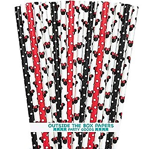Minnie Mouse Inspired Mouse Ears and Polka Dot Paper Straws - Red White Black - 7.75 Inches - 100 Pack - Outside the Box Papers Brand