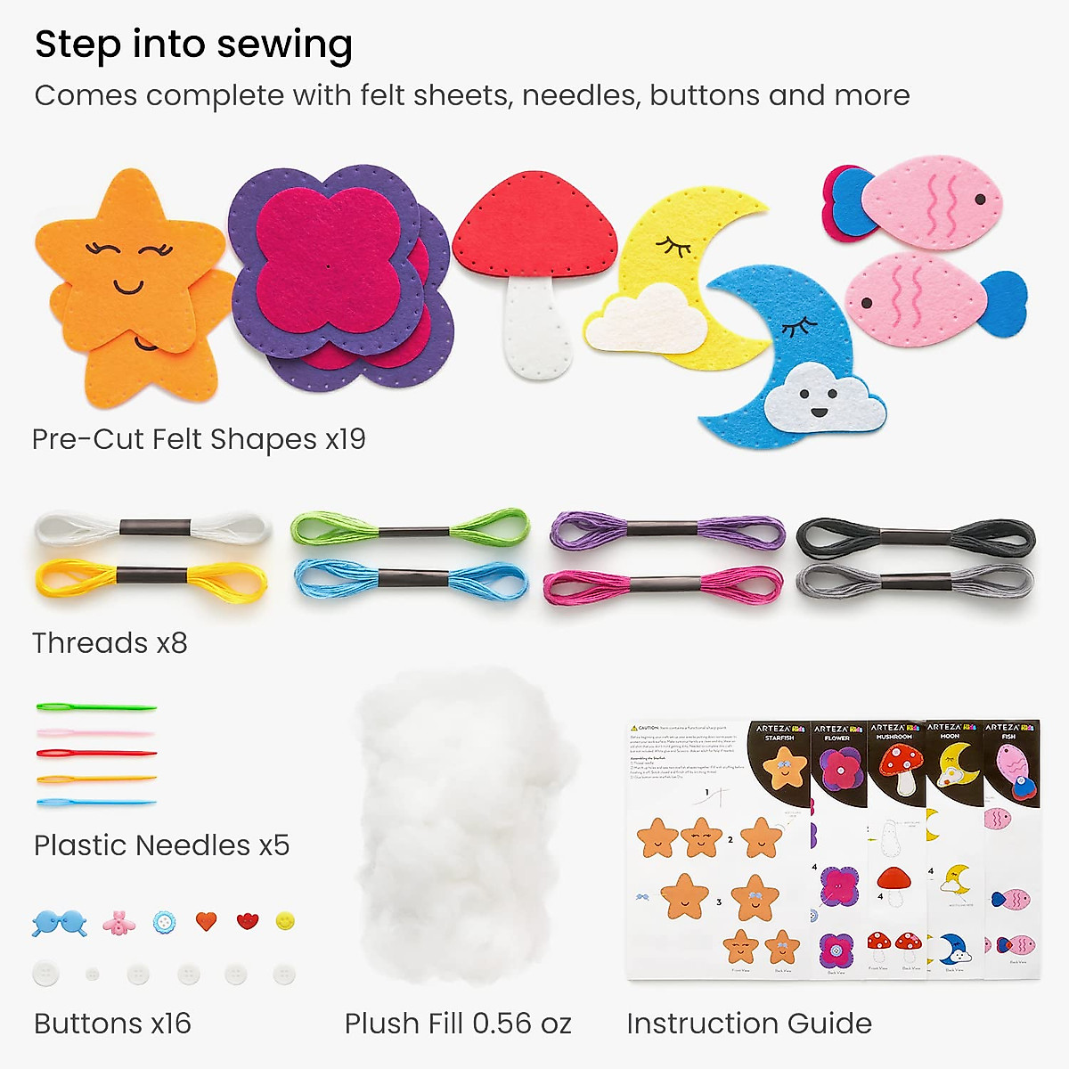Arteza Kids Hand Sewing Kit, 5 Learn to Sew Plush Nature Crafts, 50 Pieces, Pre-Cut Felt Shapes, Plastic Needles, Plush Fill, Buttons, and Thread, Kids’ Craft Supplies with Instruction Guide