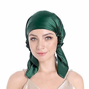 100% Silk Bonnet for Sleeping, Hair Bonnet with Tie Band, Large Silk Sleep Cap for Curly Hair, Silk Hair Wrap for Hair Care, Emerald