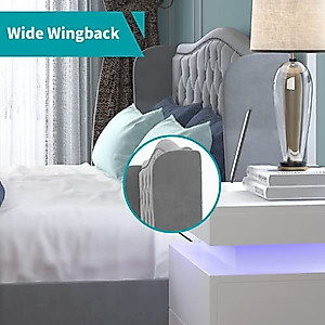 BALUS King Wingback Bed Frame with Headboard,Upholstered Platform Bed Frame Dutch Velvet Upholstered Bed，Modern Design，Available in 3 Sizes and 3 Colors Panel Bed Frame (Silver Gray)