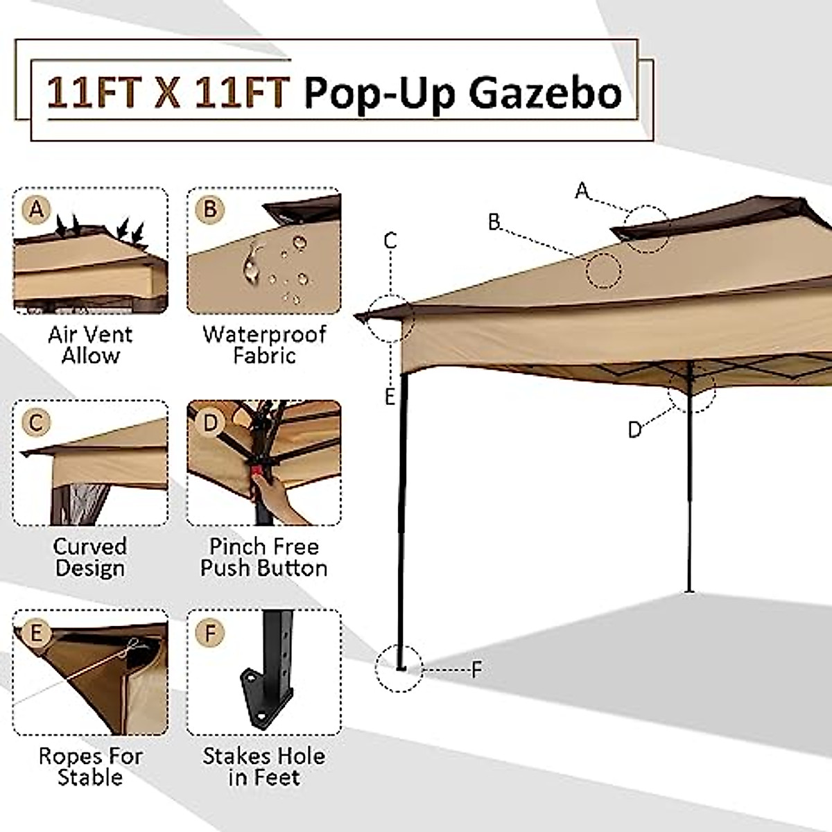 HOTEEL Pop Up Gazebo with Mosquito Netting 11x11 Canopy Instant Gazebo Tent Outdoor Gazebos for Patios Waterproof Vented Roof Screen Gazebos for Backyard, Lawn,Garden, Base 10X10, 121ft² of Shade