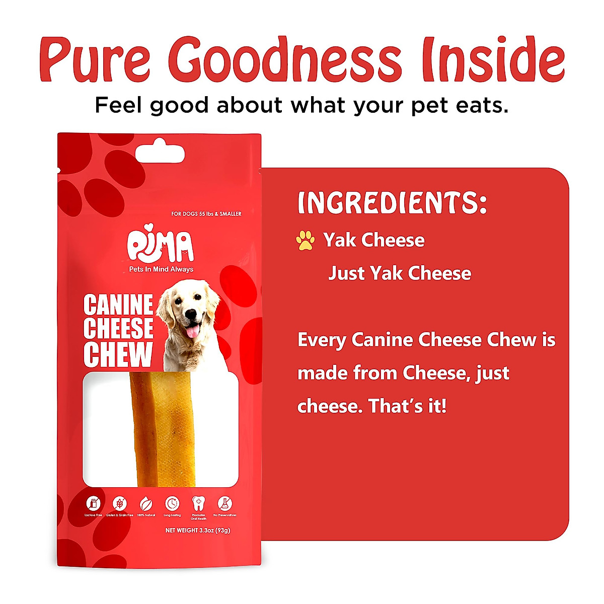 PIMA - Canine Cheese Chew, Natural Yak Chews for Dogs 55 lbs or Smaller, Lactose-Free Yak Cheese Chews, Himalayan Yak Cheese Dog Chew with Protein and Vitamin E, D and A, Large, 1 Chew, 3.3 oz