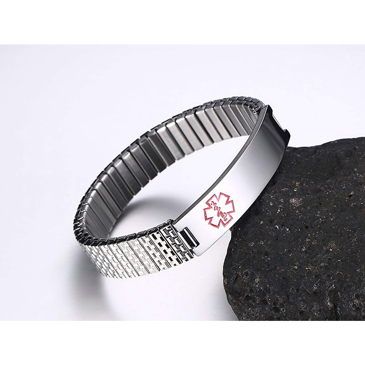 MoAndy Free Engraving Mens Womens Stainless Steel Medical Alert ID Stretch Allergy Bracelet Do Not Resuscitate(DNR) Silver 6.65 Inches