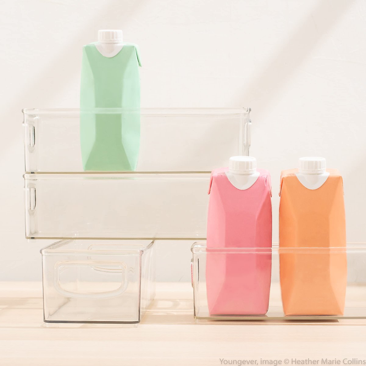 Youngever 2 Pack Stackable Plastic Storage Organizer Container Bin, Stackable Storage Bins with Handler for Refrigerator, Pantry (10" x 4" x 3")