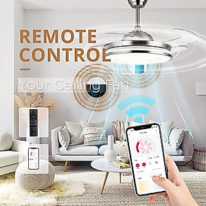 STERREN Retractable Ceiling Fans with Lights,42 Inch Modern Low Profile Bladeless LED Ceiling Fan Lights with Remote Control Smart Brushed Nickel Ceiling Fan for Bedroom Living Room