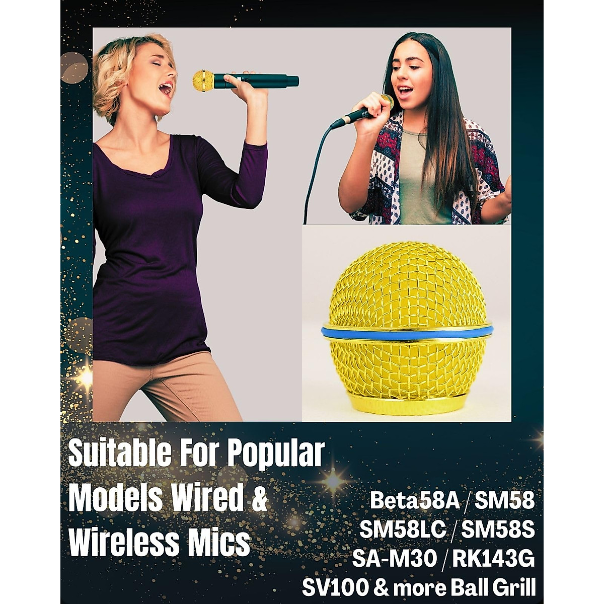 RhymKawa Gold Microphone Cover for Shuer SM58, SM58LC, Beta58, Beta58A, SA-M30, SV100, RK143G Windscreen Replacement, 2 Pack