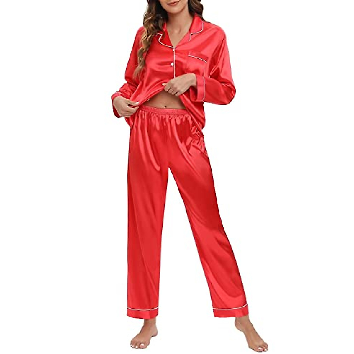 HPWUZK Women's Silk Satin Pajamas Set Long Sleeve Sleepwear Soft Pjs Set Two Piece Button Down Loungewear Pj Set,Red,X-Large
