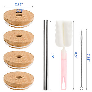 Tebery 4 Pack Mason Jar Cups with Bamboo Lids and Stainless Steel Straws, 24Oz Old Fashioned Drinking Jars Glass Bottles with Handle, Reusable Boba Cups for Iced Coffee Pearl Juices Cocktail