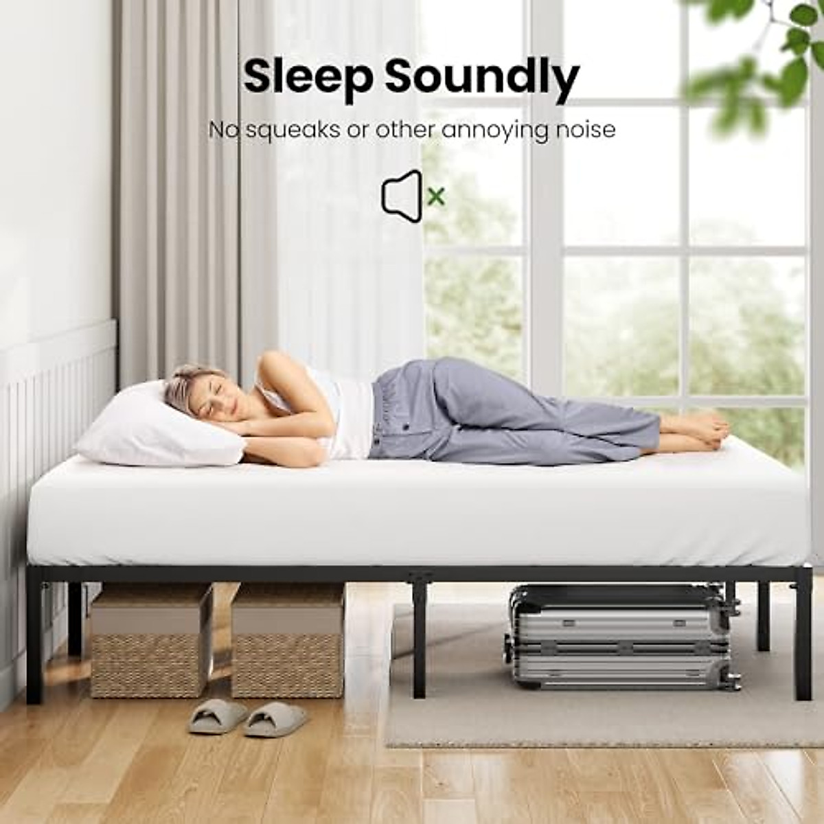 Marsail Queen Size Bed Frame, 14-Inch High Platform Bed with Steel Slat Support, Mattress Stoppers & Rounded Corners, Heavy-Duty Metal Platform, 1600 lbs Max Weight, No Box Spring Needed, MSBFQ02