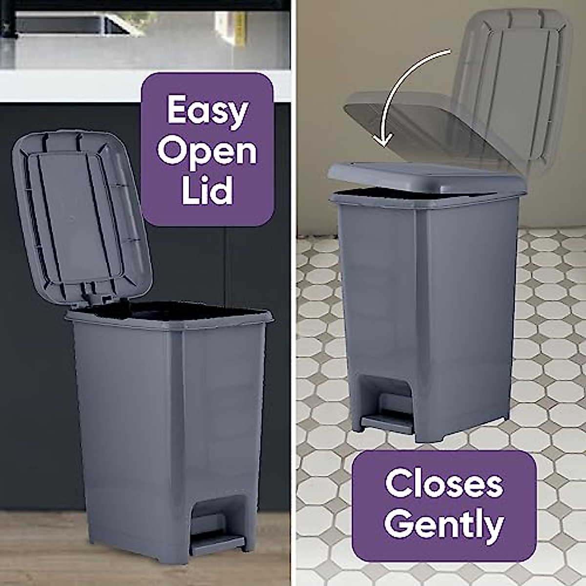 Superio Slim Trash Can with Foot Pedal – 10.5 Gallon Step-On Trash Can with Lid, Large Plastic Garbage Can, Trashcan for Bathroom, Kitchen, Office,Bedroom, Dorm Room, Patio, – Onyx Grey
