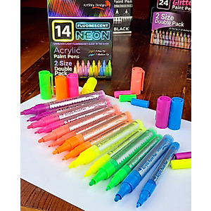 14 Pack Neon UV Fluorescent Acrylic Paint Pens, Double Pack of Both Extra Fine and Medium Tip Paint Markers, for Rock Painting, Mug, Ceramic, Glass, and More, Water Based Non-Toxic and No Odor