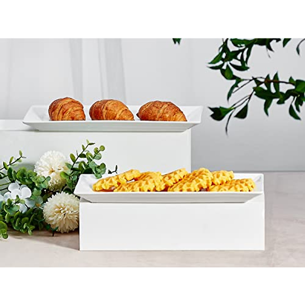 ONEMORE 12 Inch Ceramic Serving Platters, White Rectangular Serving Trays/Dishes for Party Entertaining, Stackable Plates for Appetizers Desserts Baked Goods - Set of 2