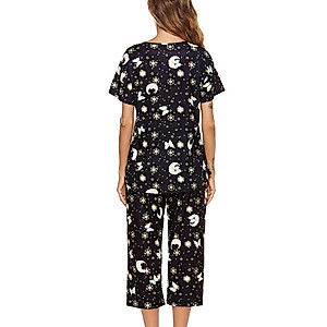 LOCUBE Women's Pajama Sets Lounge Wear Set Short Sleeve Tops and Cropped Pants Pj (Black, Large)