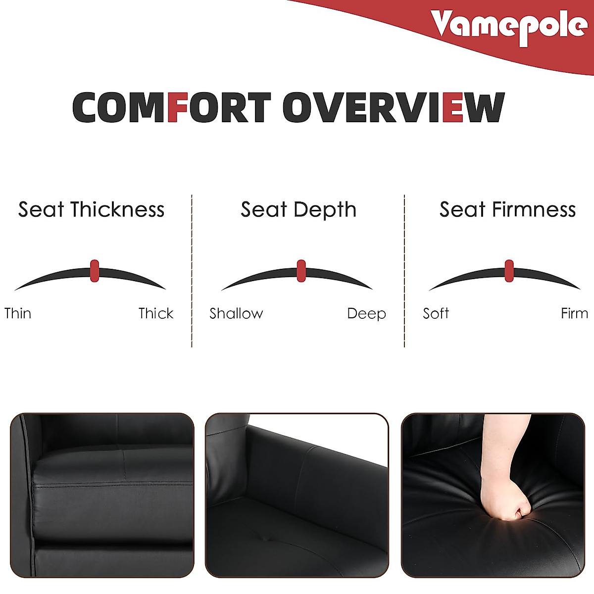 VAMEPOLE Sofa Couch, 61" Leather Loveseat Sofa for Living Room, Mid Century Mini Black Couch, Tufted Faux Leather Love Seat, Comfy Office Sofa 2 Seat, Small Couches for Small Spaces, Bedroom(Black)