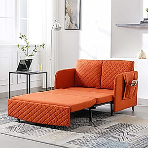 Lin-Utrend 46" Convertible Sleeper Sofa Bed, Modern Loveseat Couch with Pull Out Bed, Small Love Seat Futon Sofa Bed with Headboard, 2 Pillows Side Pockets for Living Room Apartment (Orange)
