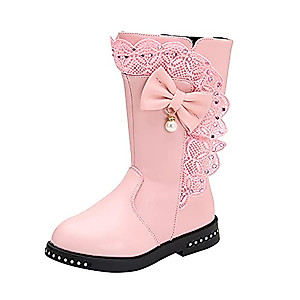 Lykmera Lace Boots for Baby Girl Fashion Winter Boots for Girl Kids Boots Shoes Princess Knee Bowkont Shoes Slip on Boots (Pink, 10.5-11 Years Big Kids)