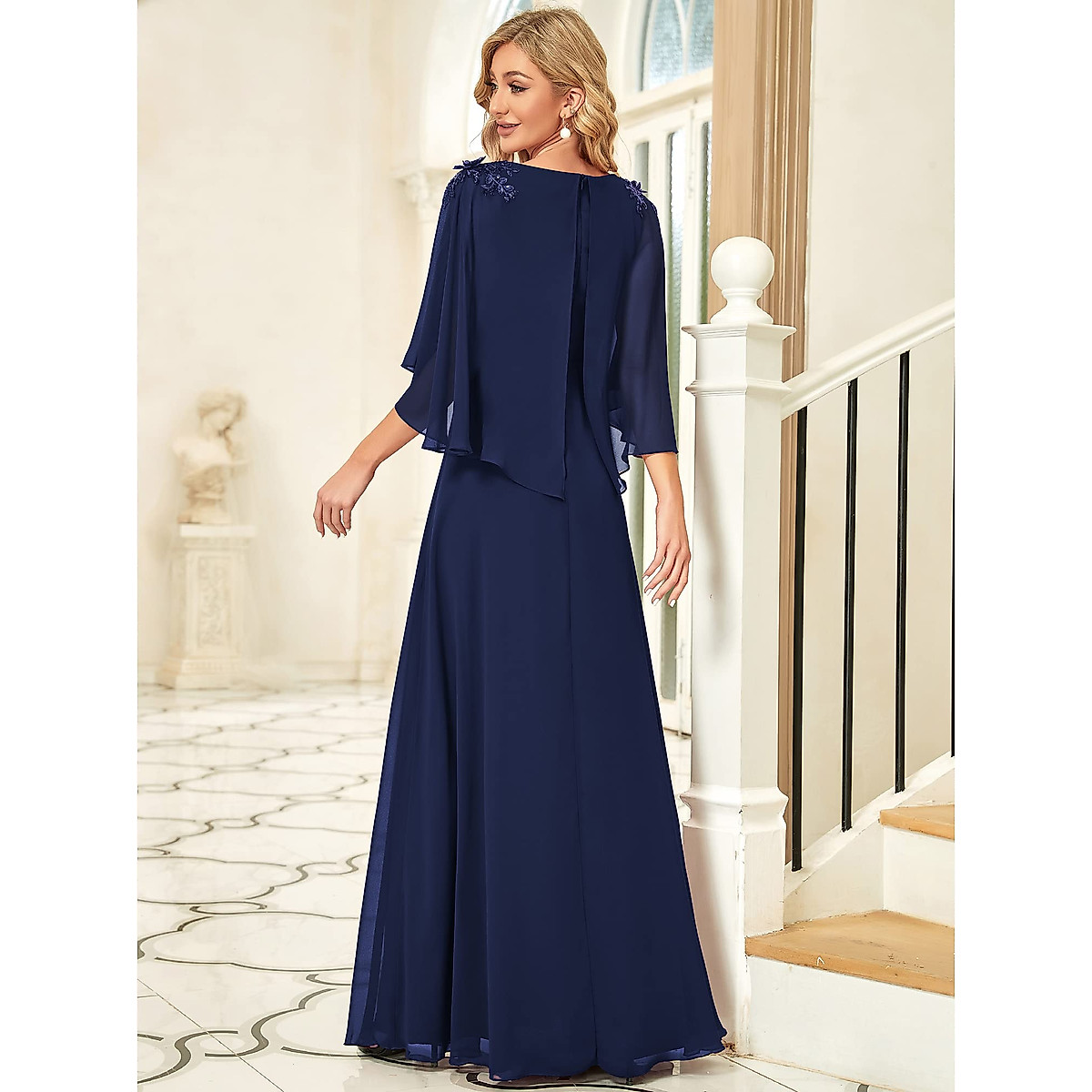 Ever-Pretty Women's Long Cape Sleeve Chiffon Maxi Evening Dress Navy Blue US4