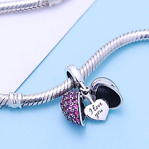 I Love You Heart Charm 925 Sterling Silver Dangle Bead Crystal Valentine's Day Gifts Fits Pandora European Bracelet Necklace(Fushcia -1)