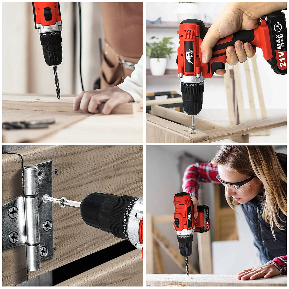 APLMAN Cordless Drill 21V with with Battery Electric Drill Kit 26pcs Accessories 3/8" Drill set All-Metal Chuck 25+1 Torque Setting,2 Variable Speed and LED