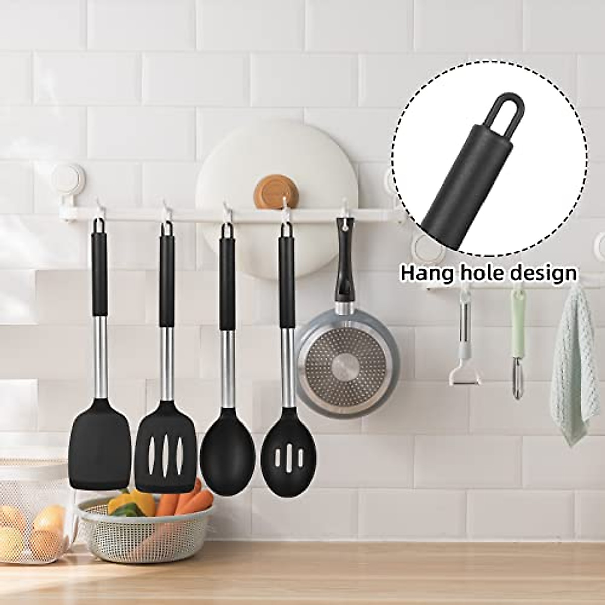 Cooptop 4-Piece Silicone Spatula Set - Silicone Slotted Turner and Solid Turner - Silicone Slotted Spoon and Solid Spoon - 600°F Heat Resistant Non-Stick Cooking Utensils (Black)