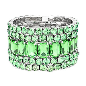 Rosemarie & Jubalee Women's Stunning Statement Set Of 5 Colorful Crystal Rhinestone Stretch Bracelets, 6.75" (Green Crystal Silver Tone)