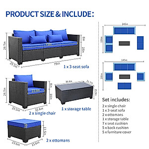 6 Pieces Patio Wicker Furniture Set Outdoor PE Rattan Conversation Couch Sectional Chair Sofa Set with Royal Blue Cushions