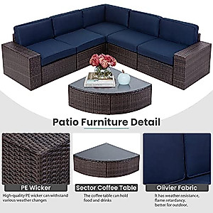 Incbruce 6-Piece Outdoor Furniture Sofa Set, All-Weather Gray Wicker Sectional Couch, Patio Conversation Sets with Glass Coffee Table and Washable Cushions(Navy Blue)