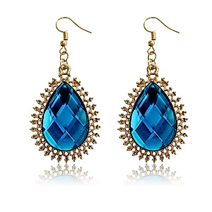 RareLove Gothic Halloween Costumes Princess Blue Rhinestone Teardrop Gold Plated Alloy Vintage Dangle Piercing Earrings For Women