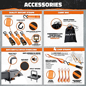 Mockins 500 lb Capacity Anti Tilt Motorcycle Hitch Carrier Set | 73" Dirt Bike Hitch Hauler | Heavy Duty Steel Motorcycle Rack for Hitch | Dirt Bike Hitch Carrier & Ramp, Straps, Stabilizer