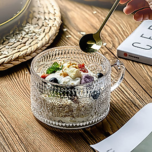 Kingrol 4 Pack 13 Ounces Glass Coffee Mugs with Spoons, Stackable Tea Cups, Vintage Drinking Glassware for Water, Milk, Iced Coffee, Beverage, Dessert