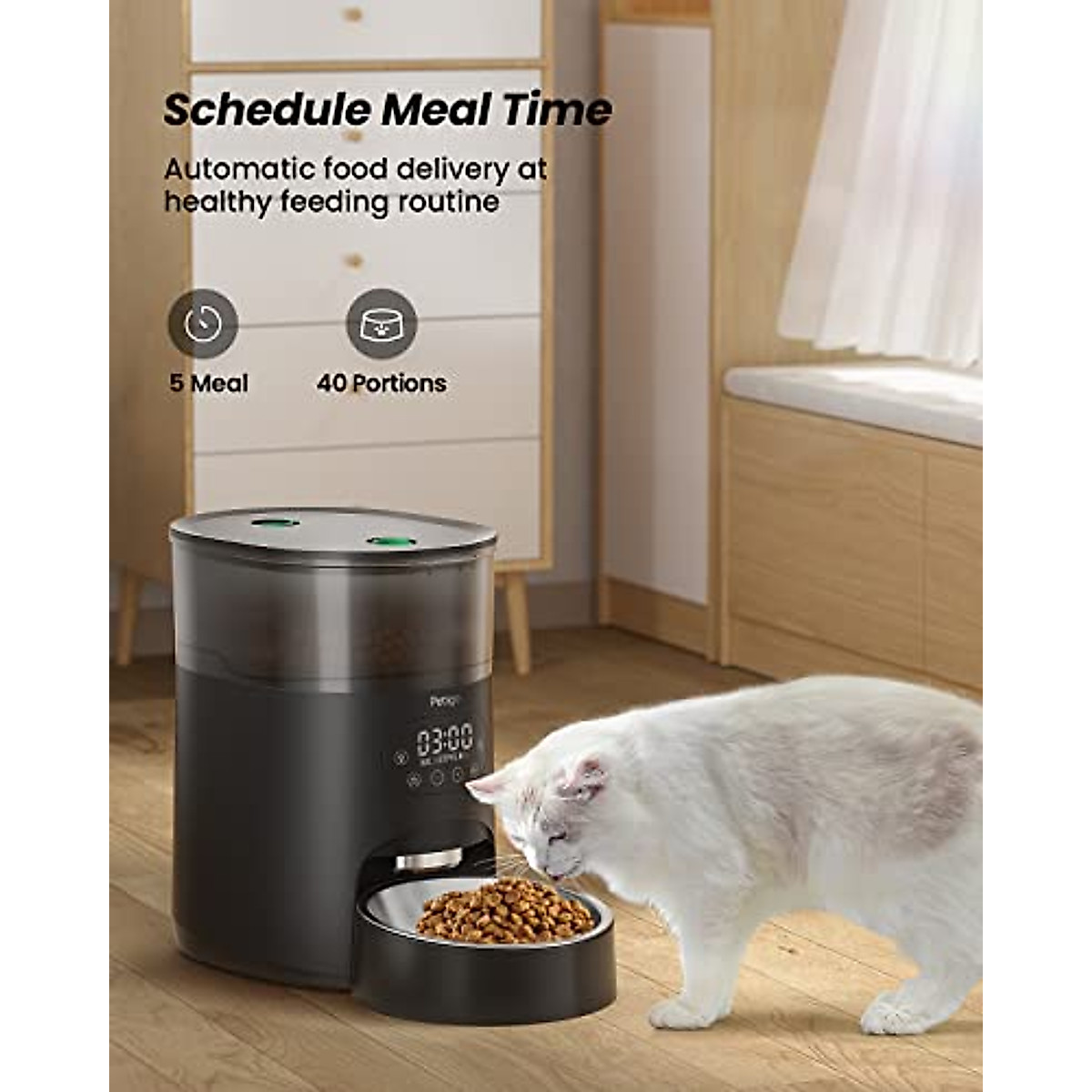 Petiigo Automatic Cat Feeder, 4L Timed BPA Free Cat Feeder Clog-Free Design for Pet Dry Food with Stainless Steel Bowl, Twist Lock Lid&Voice Recorder, Programmable Control 1-5 Meals Day for Cats/Dogs