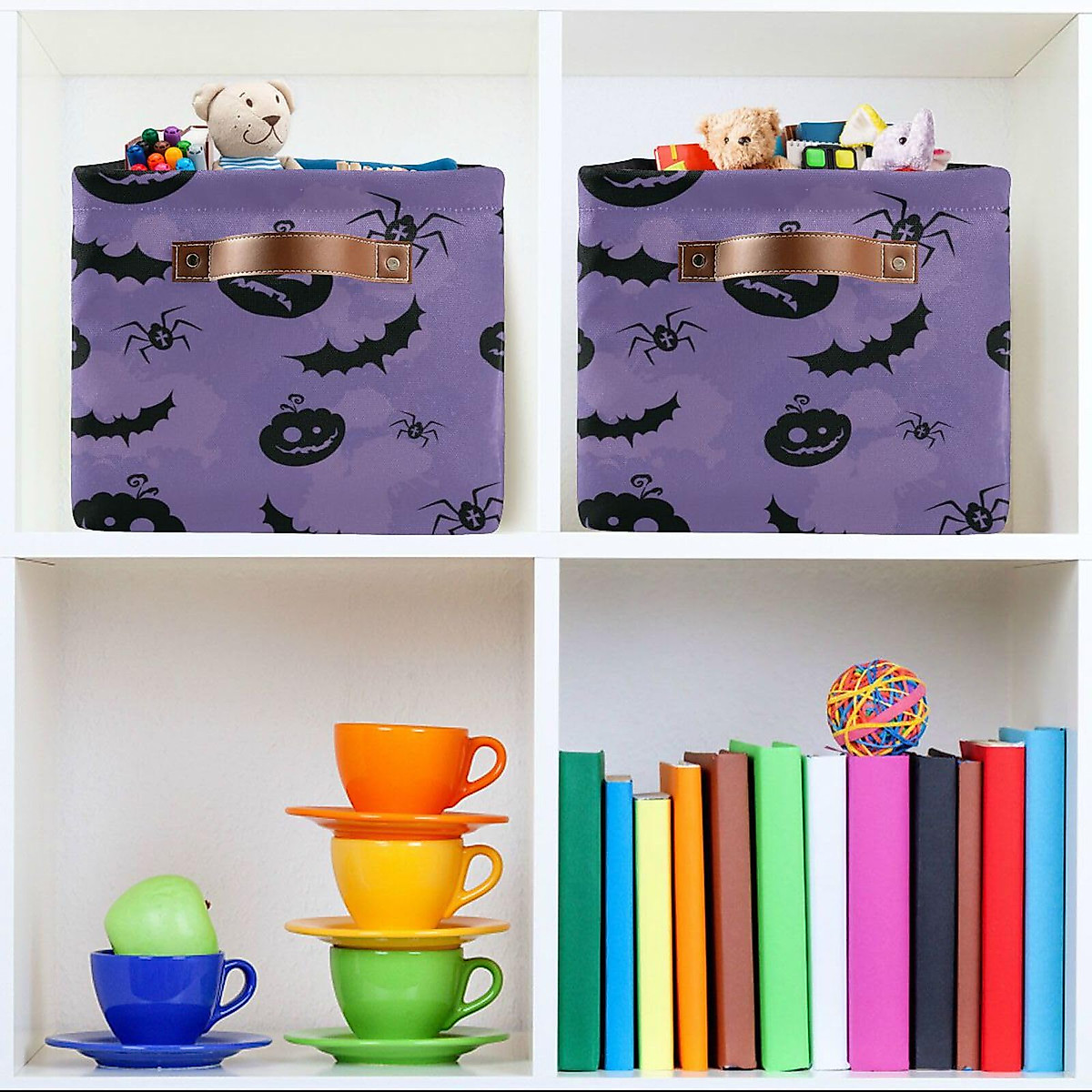 Foldable Storage Basket, Cube Organizer Bins Halloween Pumpkin Bat Cube Bag Dual Handles for Closet Shelf