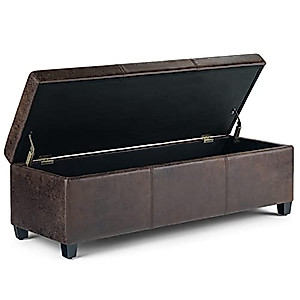 SIMPLIHOME Avalon 48 Inch Wide Contemporary Rectangle Storage Ottoman Bench in Distressed Brown Vegan Faux Leather, For the Living Room, Entryway and Family Room