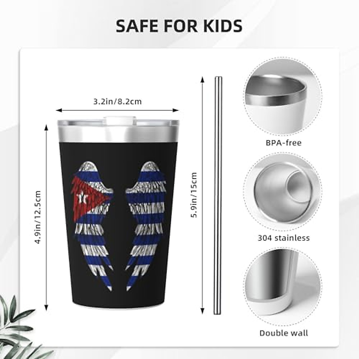 12oz Tumbler Wings Cuba Flag Stainless Steel Cup With Straw And Lid Spill Proof Bulk Double Wall Vacuum Reusable Water Tumblers For Cold Hot Drink