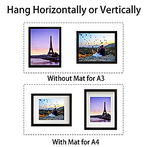 RUN HELIX A3 Frame 2 Pack Solid Wood Picture Frame, Display Pictures A4 with Mat or 11.7x16.5 Inch Without Mat, with High Definition Plexiglass, Horizontal and Vertical Formats for Wall