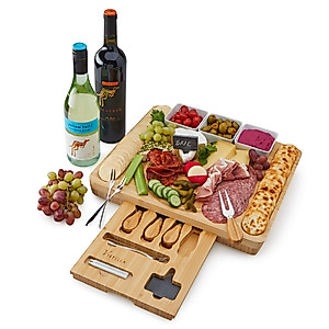 Vistella Charcuterie Cheese Board - Natural Bamboo Platter with drawer and Ceramic Bowls - Knives and Forks Set with Chalk Signs - Thicker Wider and Modern