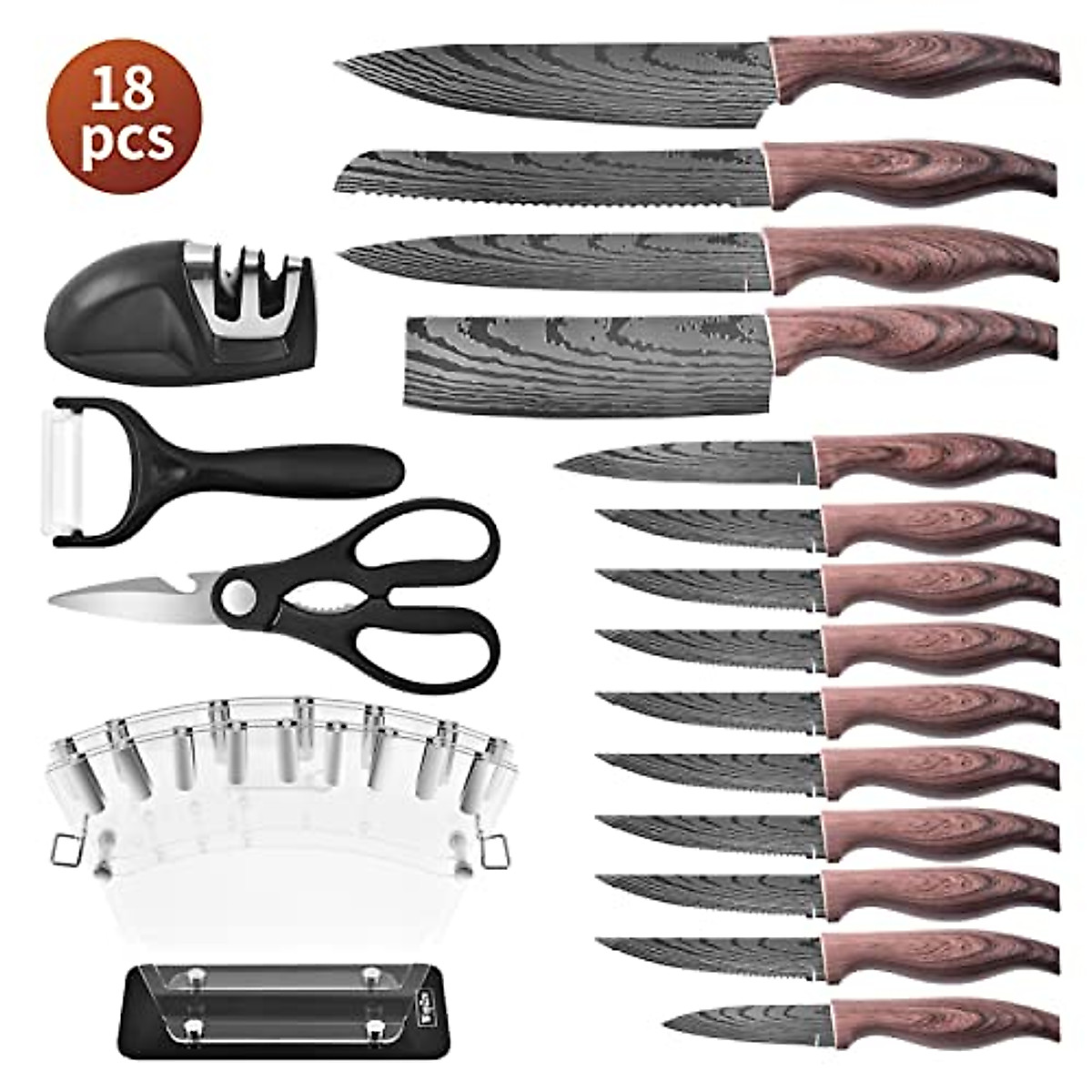 Damascus Steel Knife Set 18Pcs Non Stick Sharp Kitchen Knives Set with Acrylic Block, Cutlery Knives Block Set, Chef Quality, Best Gift (Coffee)