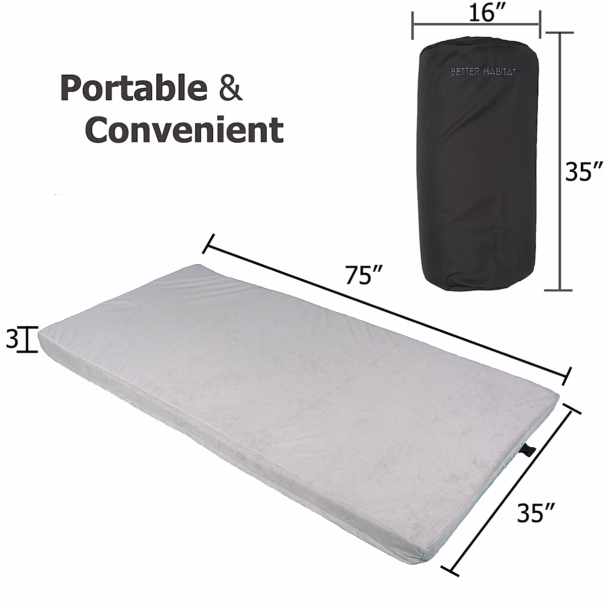 Better Habitat SleepReady Portable Floor Bed | 3 inch 100% CertiPUR-US Memory Foam | Twin, Single | Sleeping Pad, Camping Mattress | Roll Out, Foldable, Waterproof Cover, Travel Bag | 1 yr Warranty…