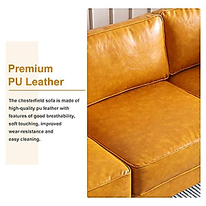 Hommoo Faux Leather Sofa 94" Large 3 Seater Sofa with Removable Cushions Mid Century Modern Couch for Living Room Comfy Couch with Gold Metal Legs Apartment Couch Brown
