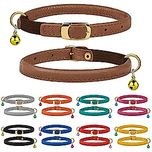 Murom Rolled Leather Cat Collar with Elastic Strap Safety Adjustable Pet Collars for Cats Kitten Yellow Red Pink Blue Orange Brown Gray (Brown)