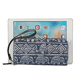 LATH.PIN Bohemian Purse Wallet Canvas Elephant Pattern Handbag with Coin Pocket and Strap (Blue, Large)