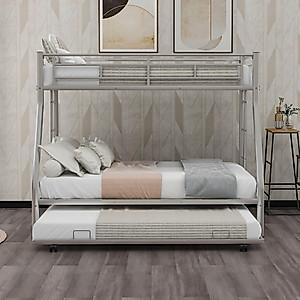 Merax Twin Over Full Bunk Bed with Trundle, 3 in 1 Triple Bunk Beds, Sturdy Steel Bunk Beds Frame for 3 Kids/Teens with Two Side Ladders and Safety Guard Rail,Silver Color