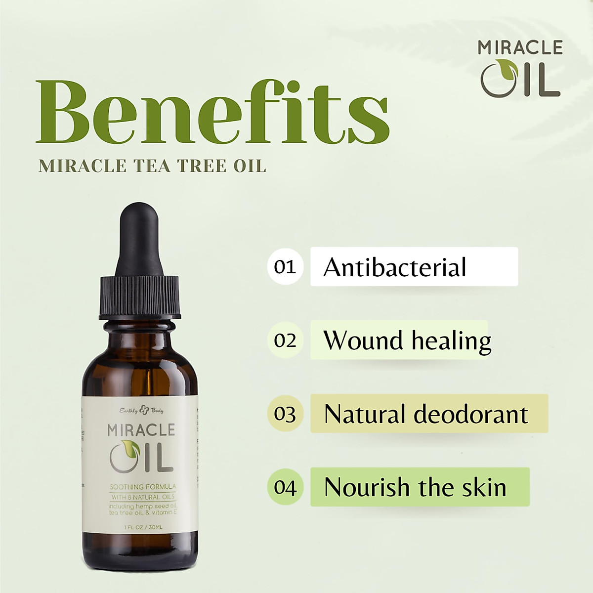 Earthly Body Miracle Oil, 1 fl. oz. - 2 Pack - 100% Natural Tea Tree Oil, Hemp Seed Oil & Vitamin E - Moisturizer, Calms Skin Irritations, Helps Smooth Wrinkles - Gluten Free, 100% Vegan