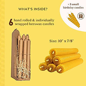 Greenfreshlab Handmade Beeswax Taper Candles - 6 Pack of 10 Inch Candles, Dripless, Smokeless & Soot-Free, 5-6 Hour Burn Time, Natural Honey Scent - Great Dinner Candles, 3 Birthday Candles Included